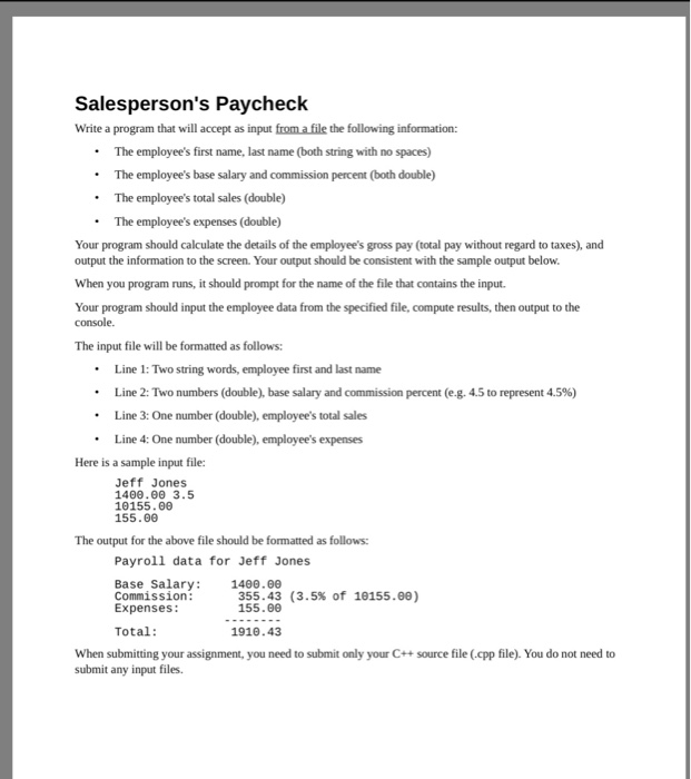 Solved Salesperson's Paycheck Write a program that will | Chegg.com