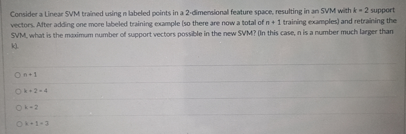 Solved Consider a Linear SVM trained using n labeled points | Chegg.com