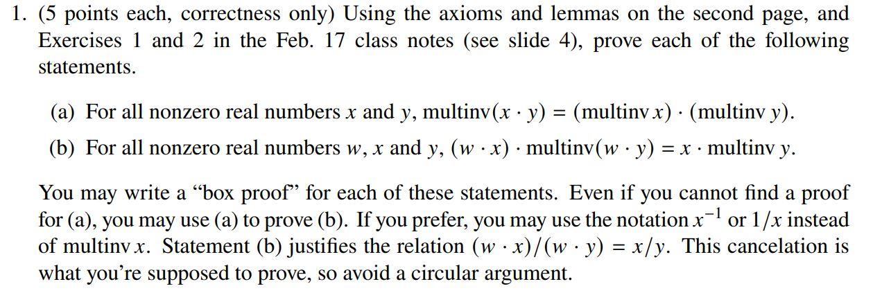 Solved 1. (5 points each, correctness only) Using the axioms | Chegg.com