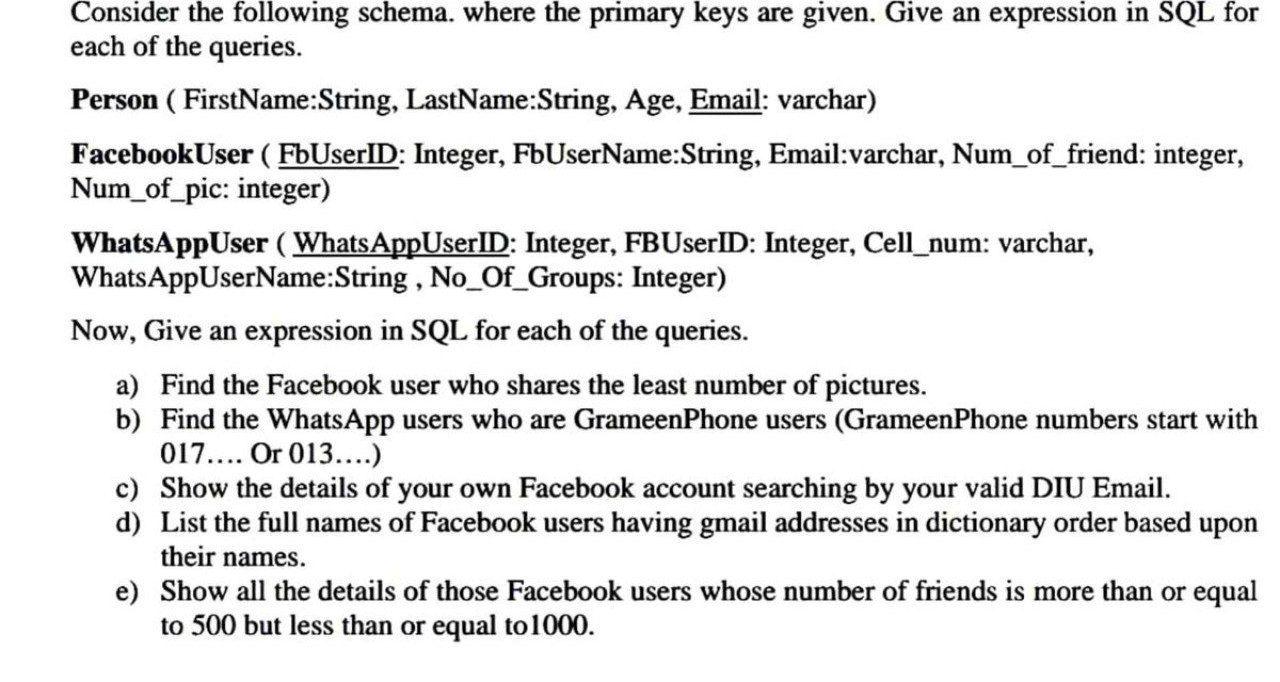 Solved Consider the following schema. where the primary keys | Chegg.com