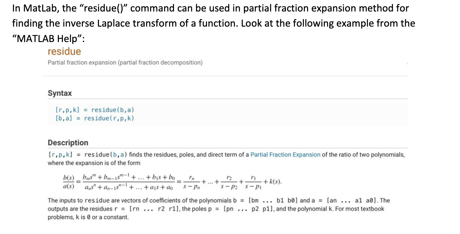 Solved In MatLab, the \"residue()\" command can be used in | Chegg.com