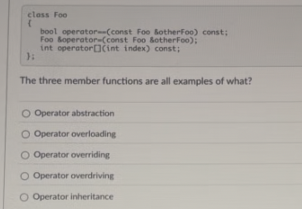 Solved ```class Foo{ ﻿ bool operator-(const Foo 8otherFoo) | Chegg.com