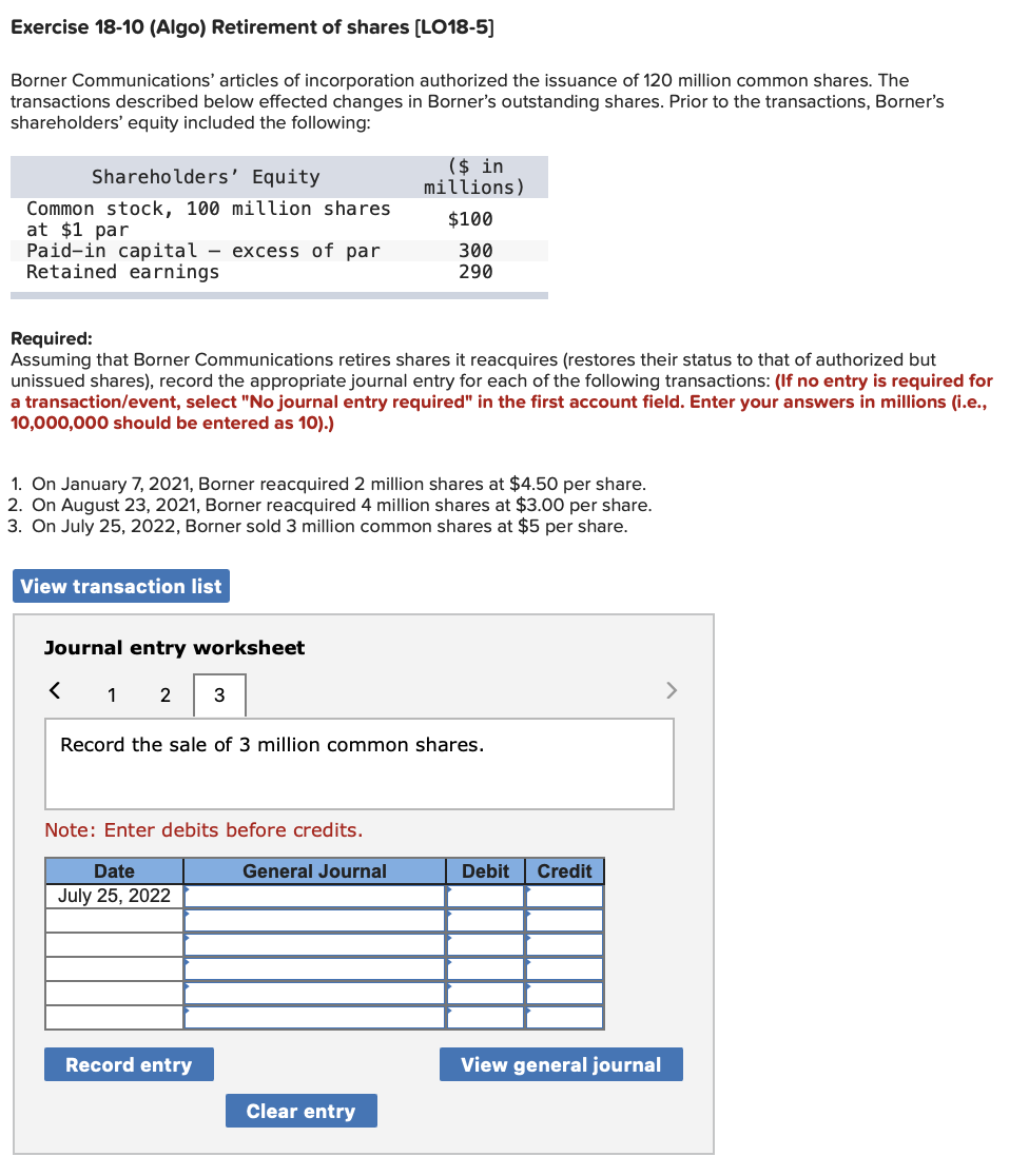 Solved Exercise 18-10 (Algo) Retirement of shares (LO18-5) | Chegg.com