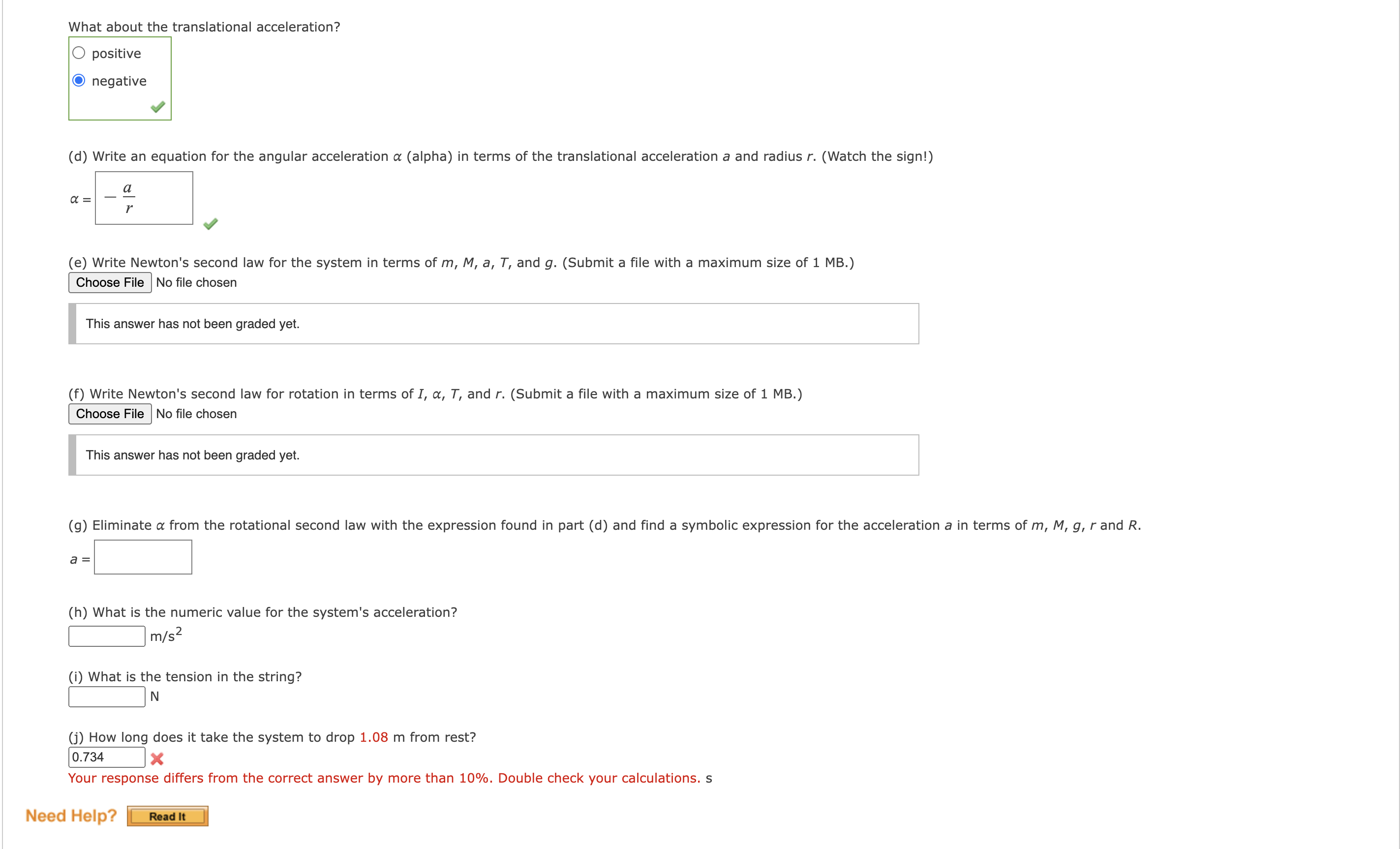 What about the translational acceleration? positive | Chegg.com