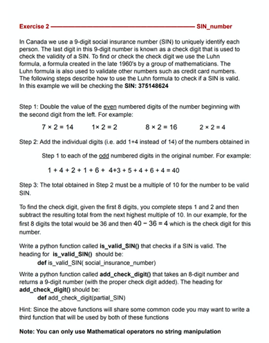 Solved Exercise 2- SIN number In Canada we use a 9-digit | Chegg.com