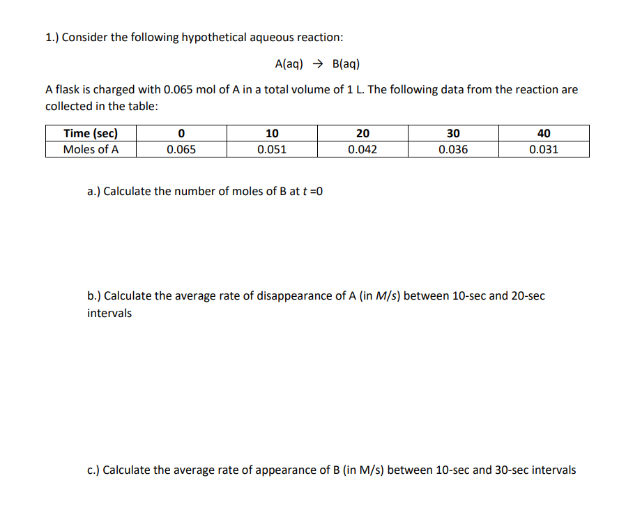 Solved 1.) Consider the following hypothetical aqueous | Chegg.com