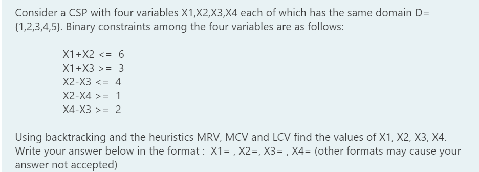 Consider a CSP with four variables X1,X2,X3,X4 each | Chegg.com