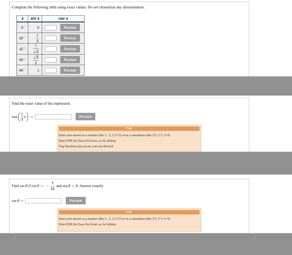 Solved Complete the following table using exact values. Do | Chegg.com