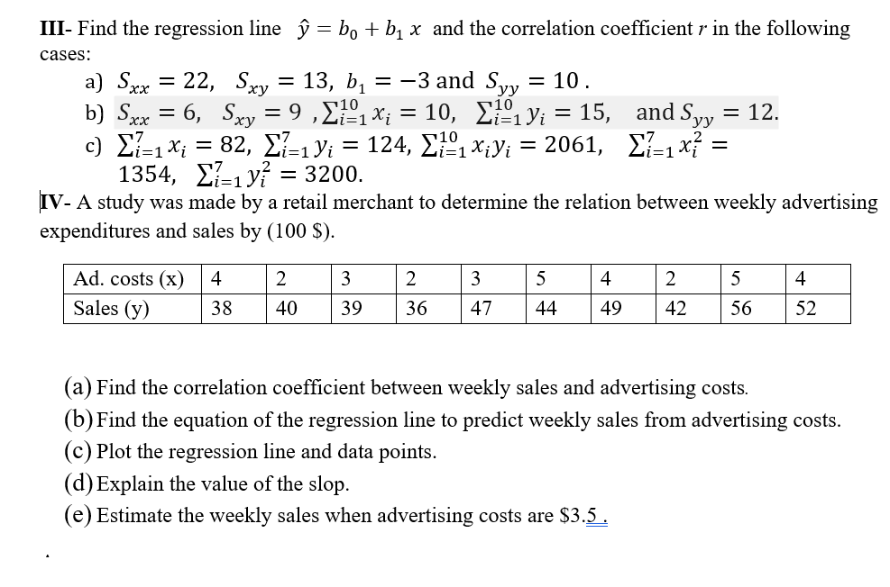 Solved III- Find the regression line û = bo + b1 x and the | Chegg.com