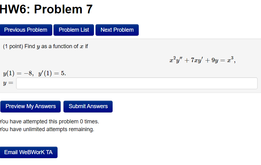 Solved (1 point) Find yy as a function of xx | Chegg.com