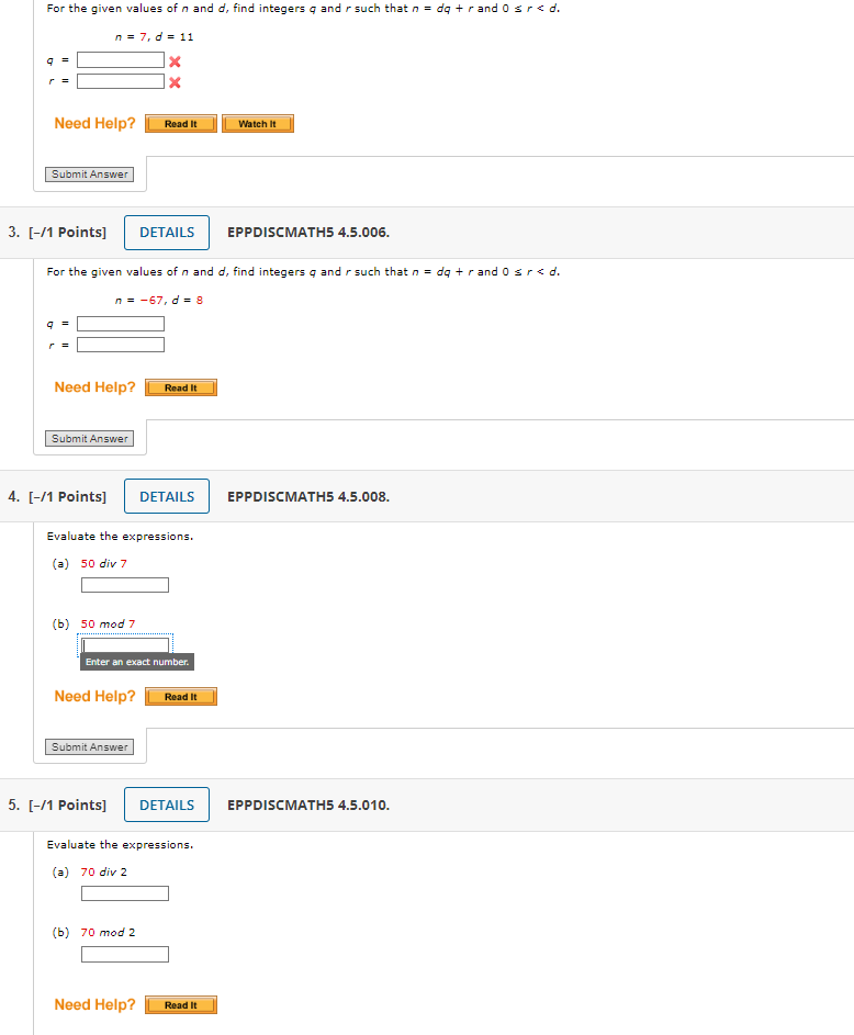Solved For the given values of n and d, find integers q and | Chegg.com