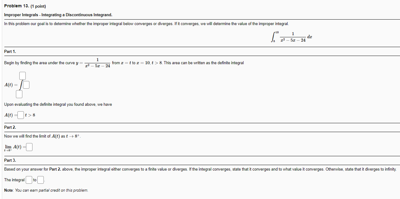 Solved Problem 13. (1 point) Improper Integrals - | Chegg.com