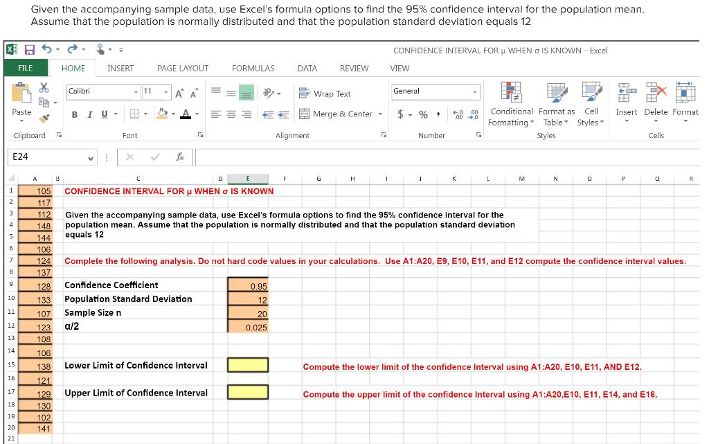 Solved Given the accompanying sample data, use Excel's | Chegg.com