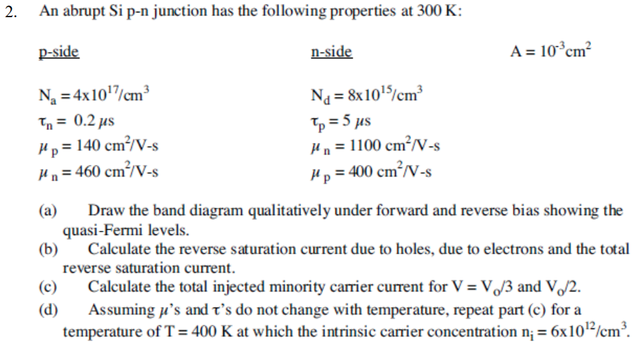 Solved 2. An abrupt Si p-n junction has the following | Chegg.com