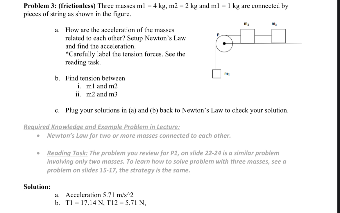 Solved Problem 3: (frictionless) Three masses m1=4 kg, m2=2 | Chegg.com
