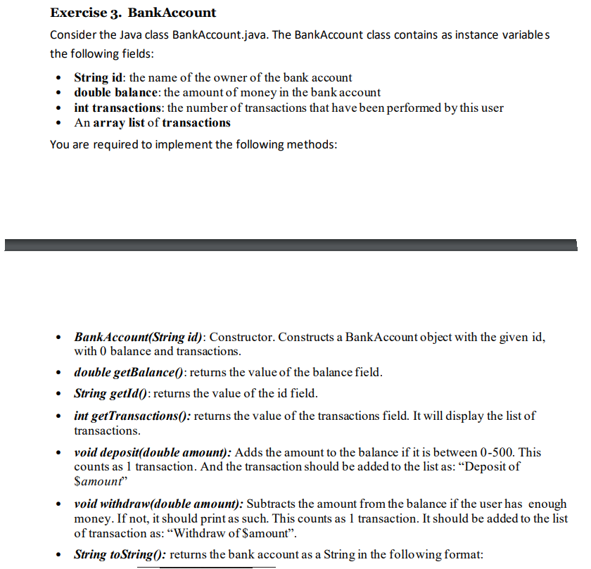 Solved Exercise 3. BankAccount Consider the Java class | Chegg.com