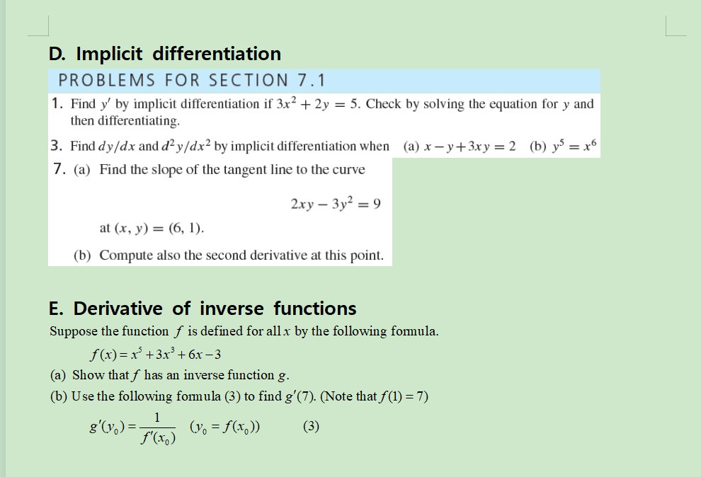Solved D. Implicit differentiation PROBLEMS FOR SECTION 7.1 | Chegg.com