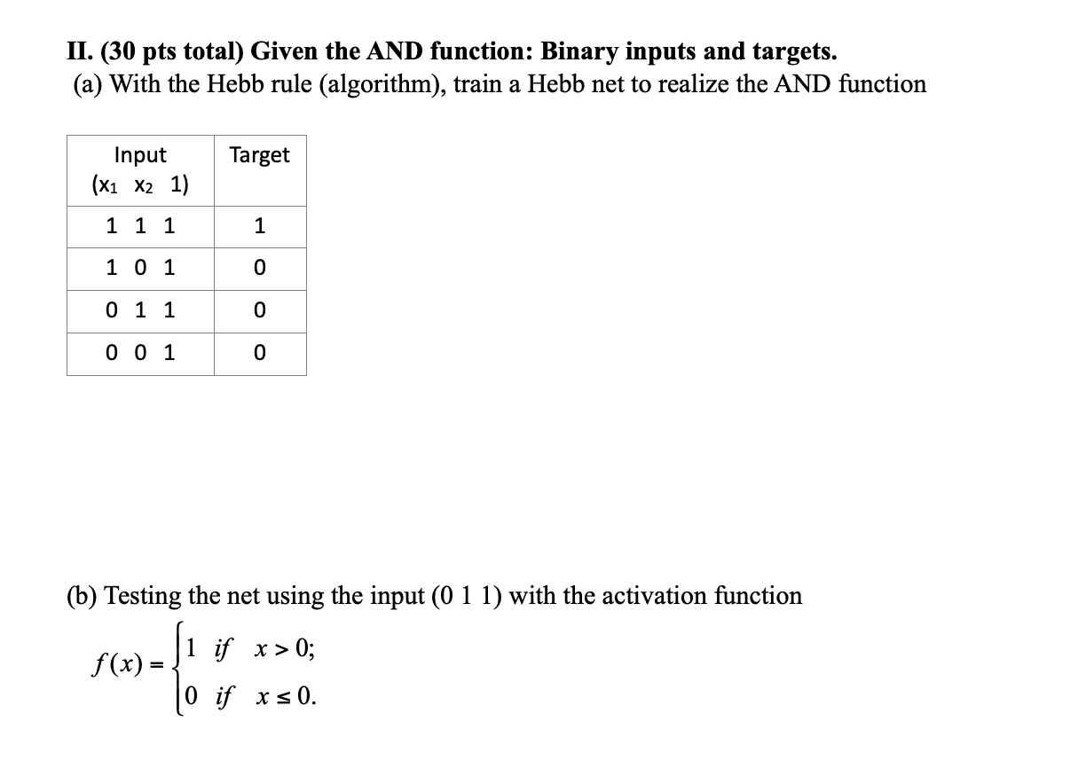 Solved II. (30 pts total) Given the AND function: Binary | Chegg.com