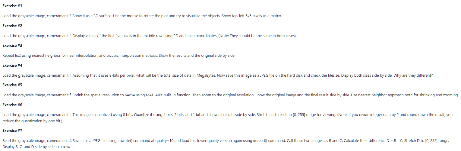 Solved Exercise #1 Load the grayscale image, cameraman.tif. | Chegg.com