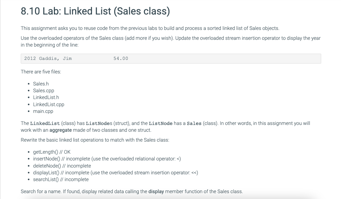 Solved 8.10 Lab: Linked List (Sales class) This assignment | Chegg.com