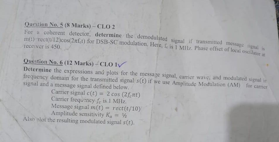 Solved Question No. 1 (10 ﻿Marks)-CLO 4A narrowband FM | Chegg.com