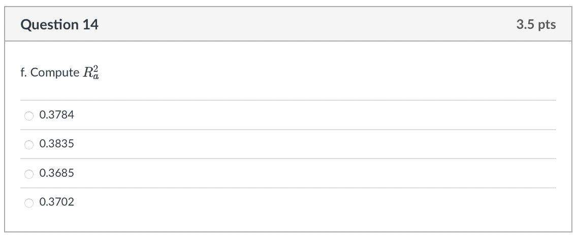 Solved \r\nQuestion 14 3.5 pts f. Compute \\( R_{a}^{2} \\) | Chegg.com