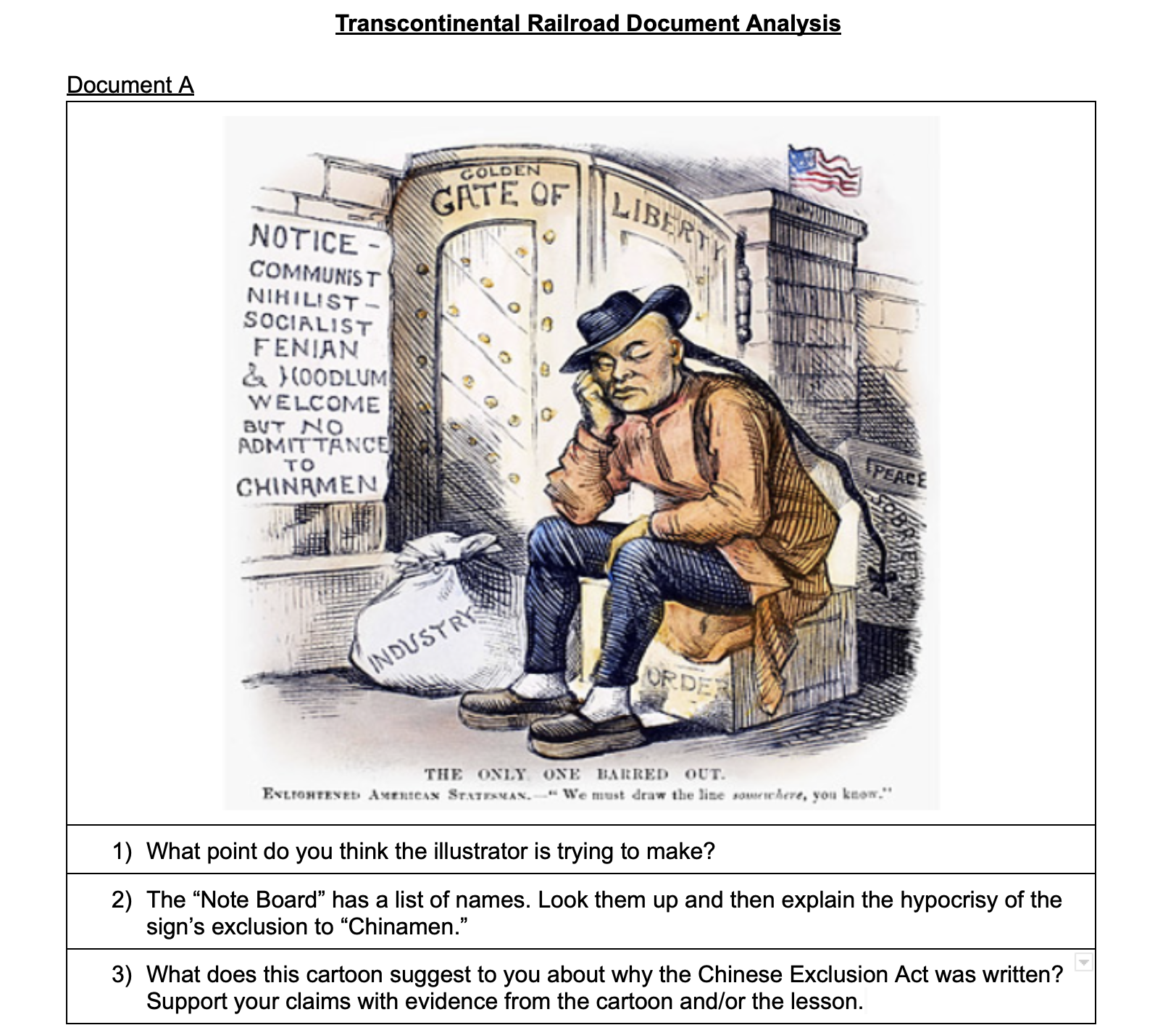 Transcontinental Railroad Document Analysis Document | Chegg.com
