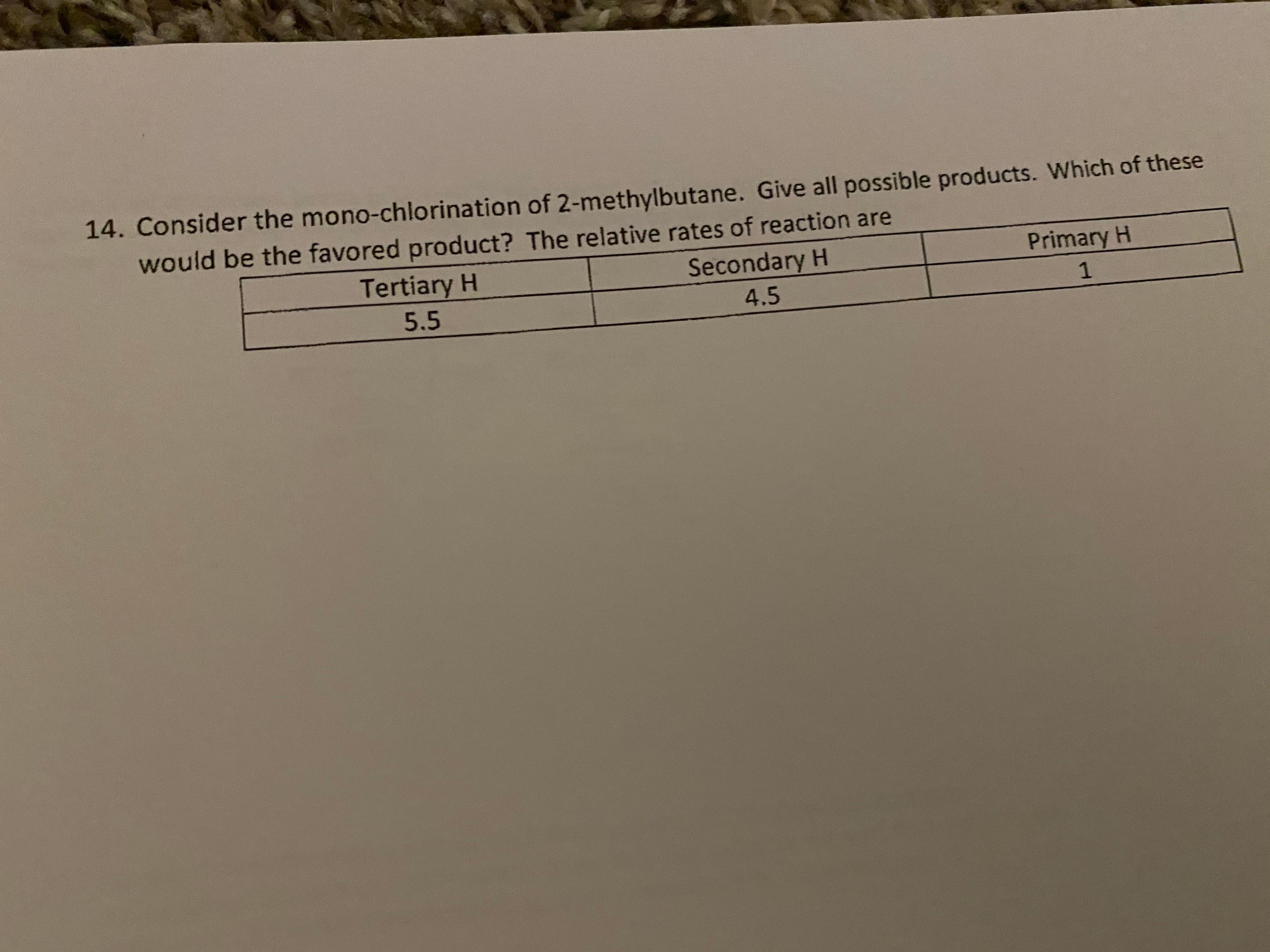Solved 14. Consider the mono-chlorination of 2-methylbutane. | Chegg.com