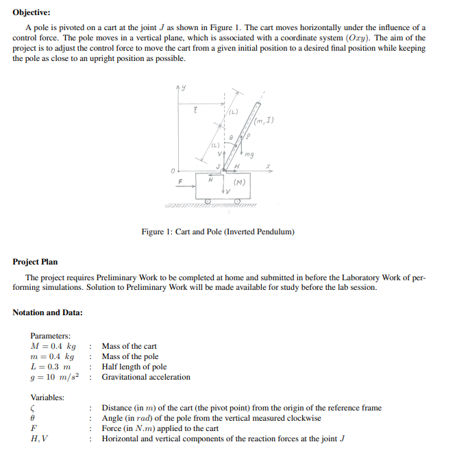 Solved Objective: A pole is pivoted on a cart at the joint J | Chegg.com