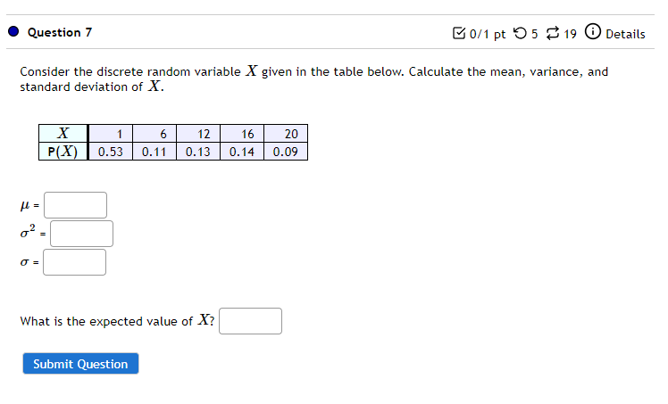 Solved Question 7 Details Consider the discrete random | Chegg.com