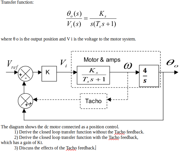 Solved Transfer function: Vi(s)θo(s)=s(Tss+1)Ks where θ o is | Chegg.com