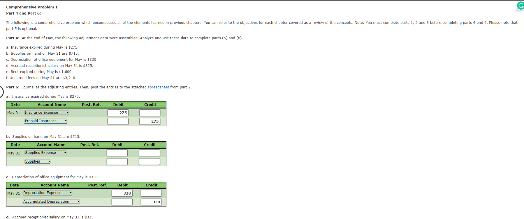 Solved part 5 is optional. Part 4: At the end of May, the | Chegg.com