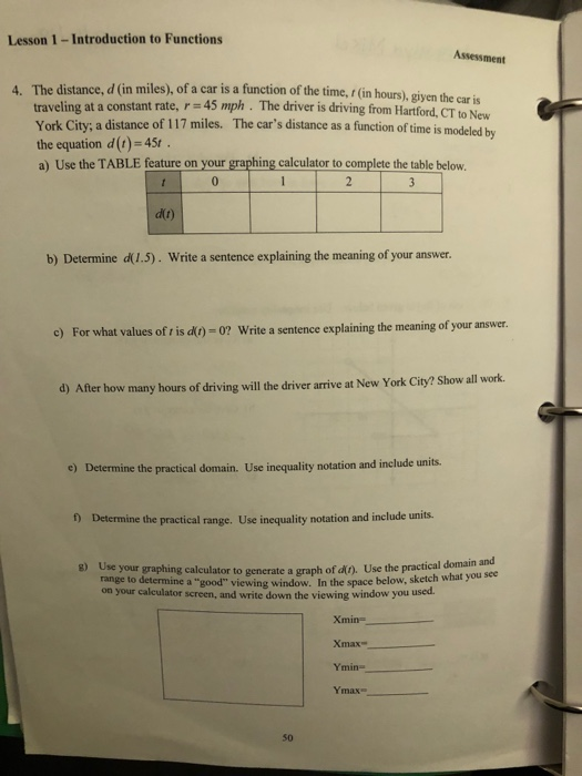 Solved Lesson 1-Introduction to Functions Assessment 4. The | Chegg.com