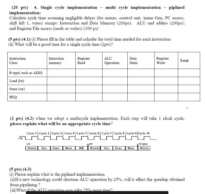 (20 pts) 4. Single cycle implementation - multi cycle | Chegg.com