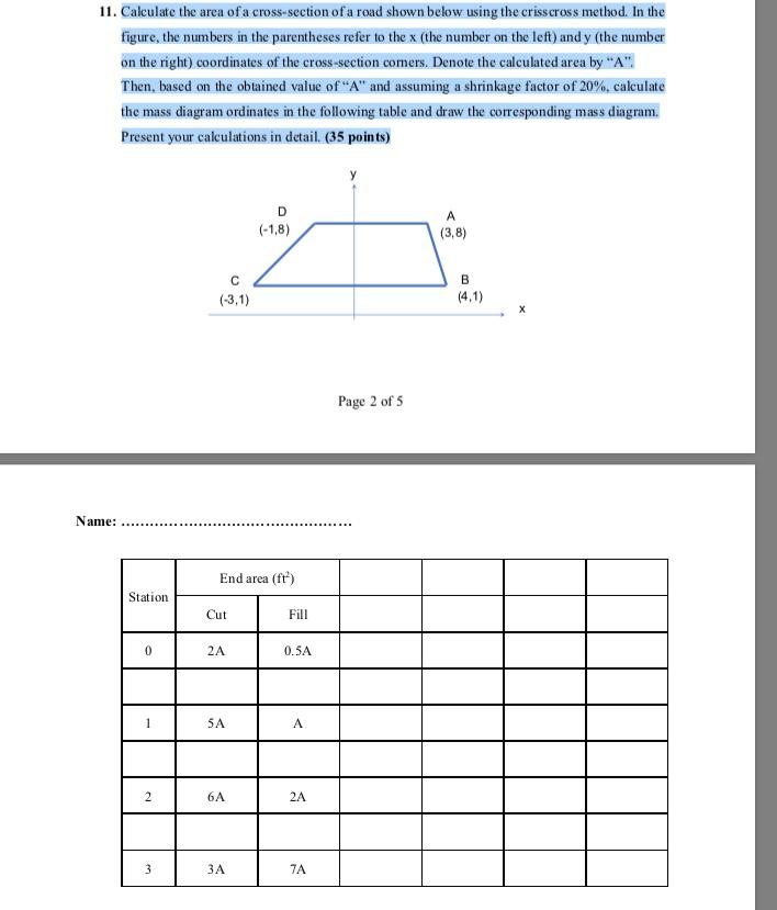 Solved 11. Calculate the area of a cross-section of a road | Chegg.com