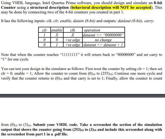 Using VHDL language, Intel Quartus Prime software, | Chegg.com