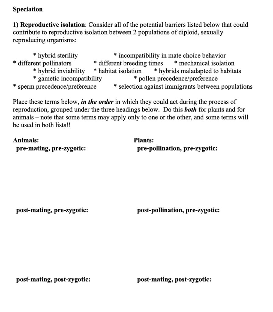 Solved Speciation 1) Reproductive isolation: Consider all of | Chegg.com