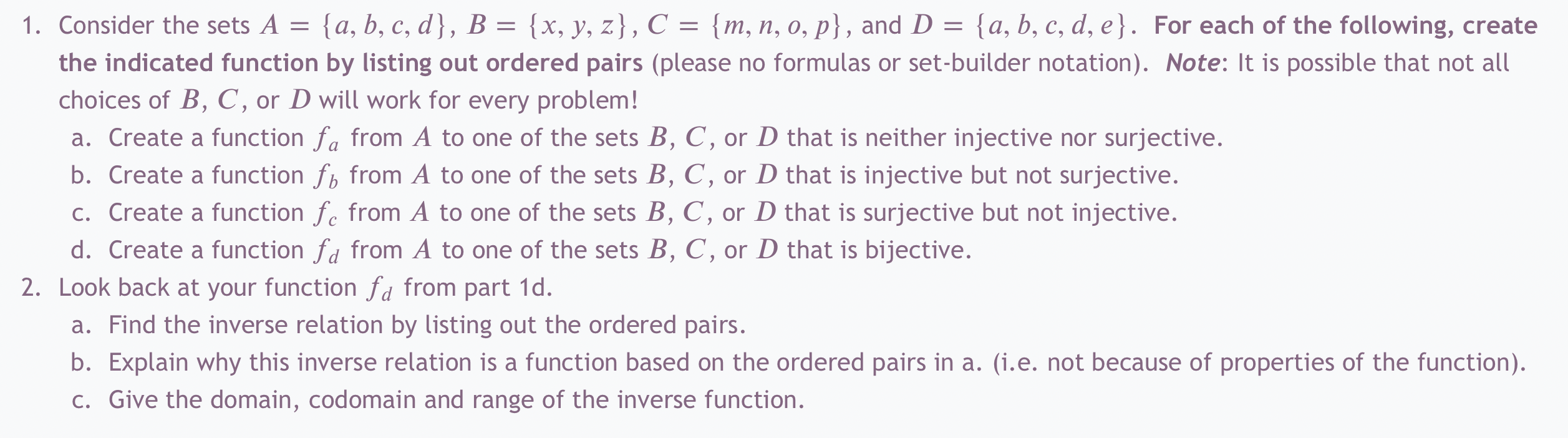 Solved Consider the sets A={a,b,c,d},B={x,y,z},C={m,n,o,p}, | Chegg.com
