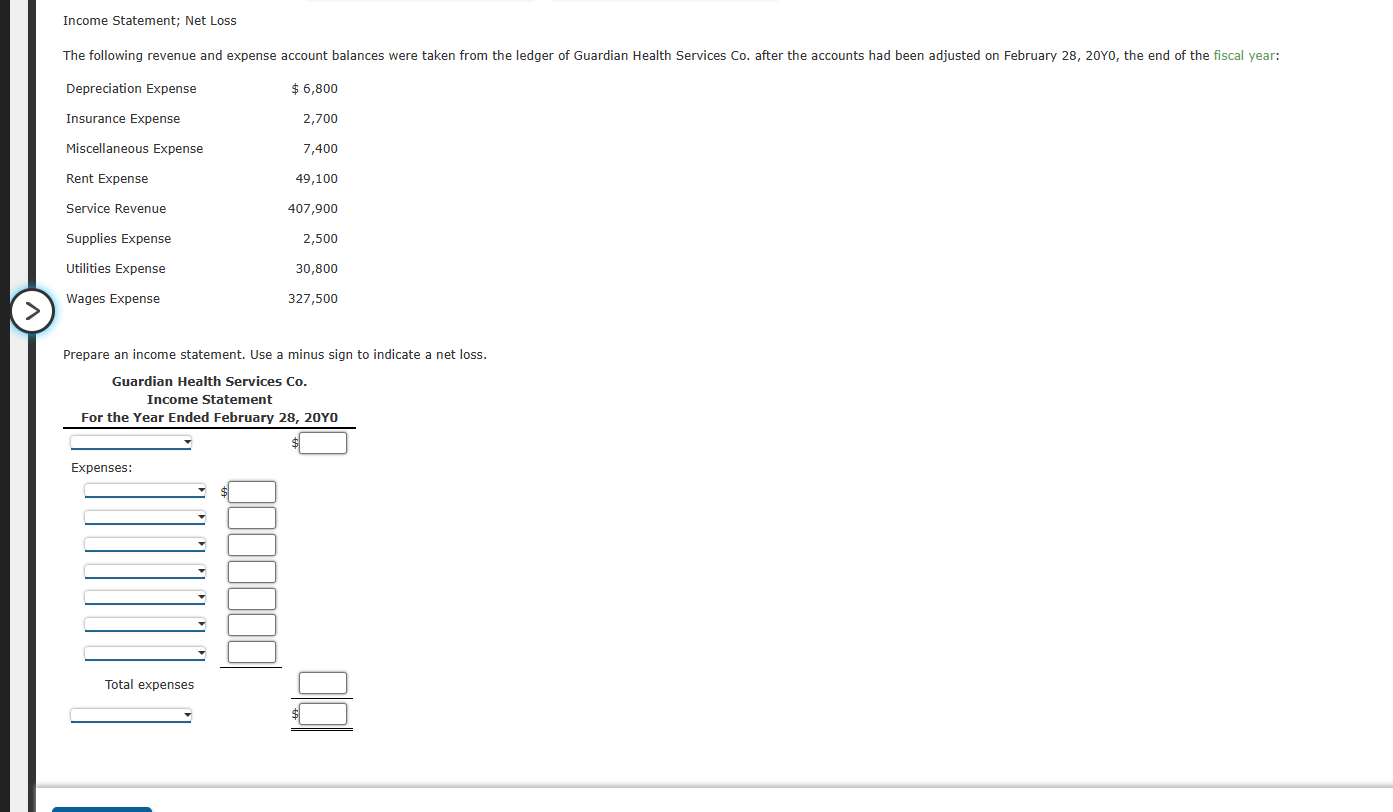 Solved Income Statement; Net Loss Prepare an income | Chegg.com