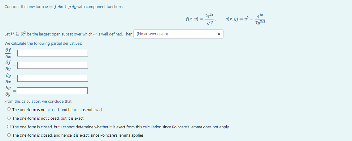 Solved Consider the one-form ω=fdx+gdy with component | Chegg.com