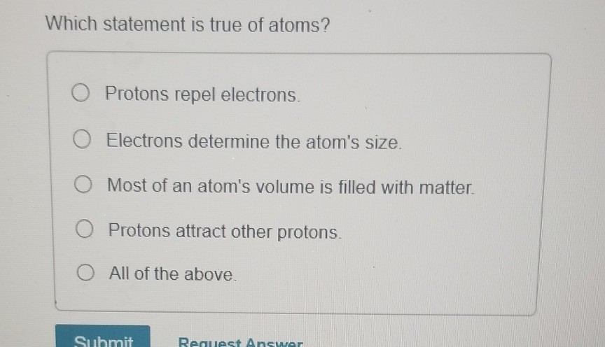 Solved Which statement is true of atoms? O Protons repel | Chegg.com