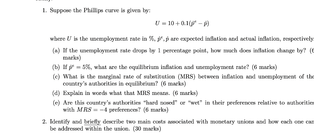 Solved 1. Suppose the Phillips curve is given by: | Chegg.com