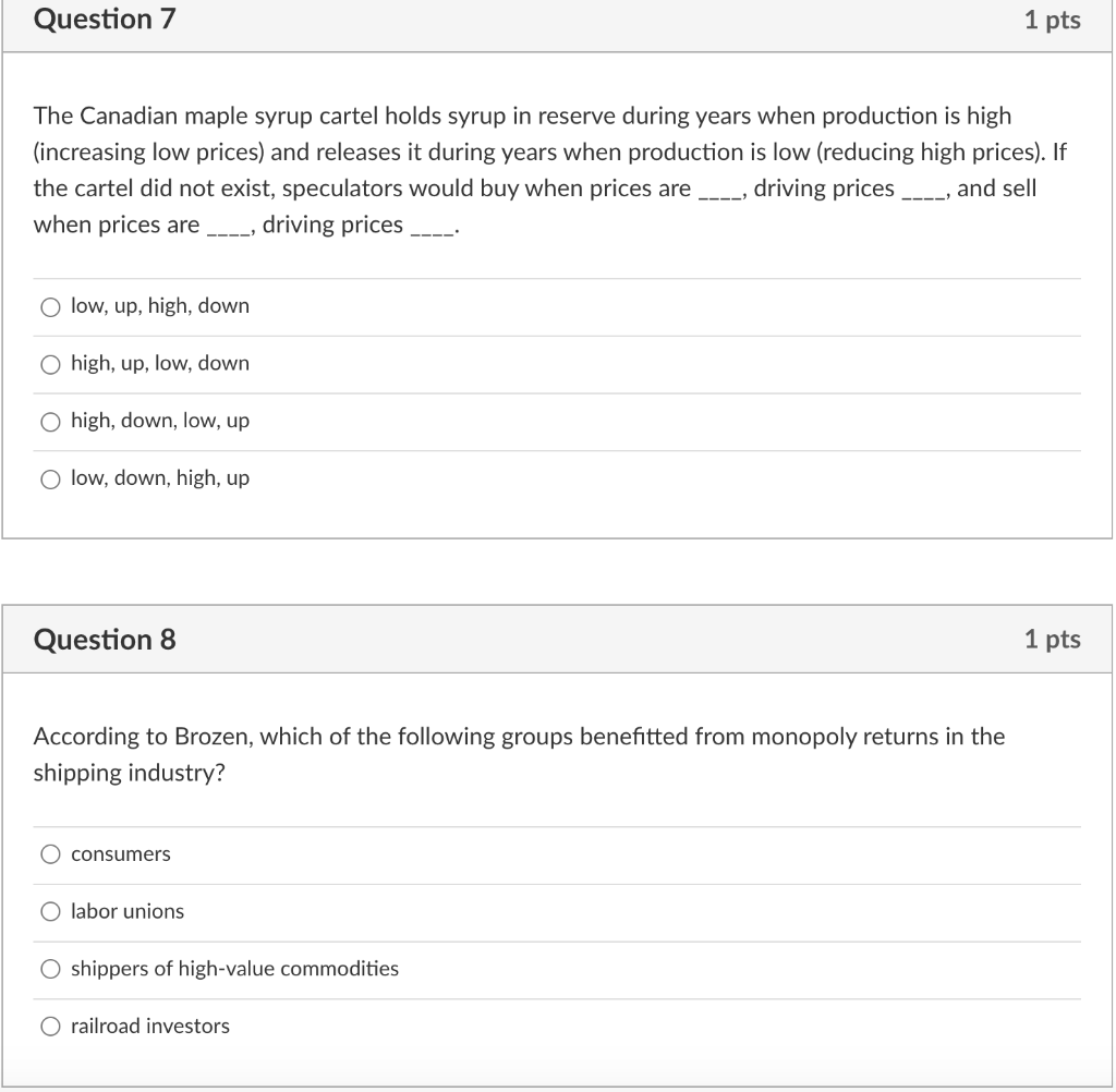 Solved Question 7 1 pts The Canadian maple syrup cartel | Chegg.com