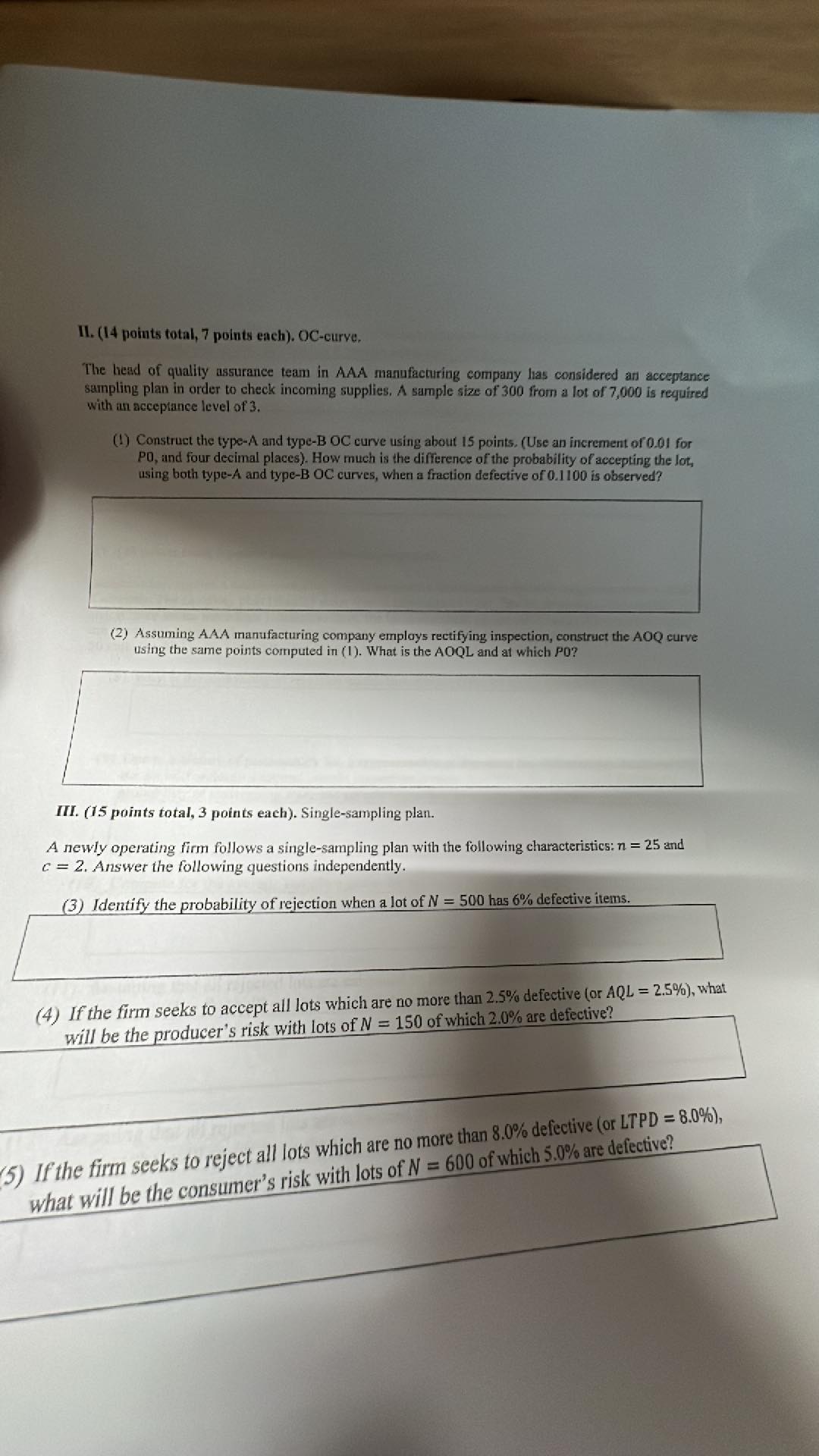 Solved II. (14 points total, 7 points each). OC-curve. The | Chegg.com