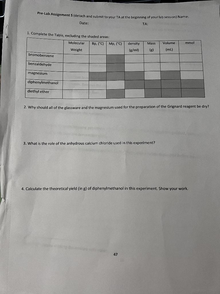 EXPERIMENT 5: THE GRIGNARD REACTION * Pre-lab | Chegg.com