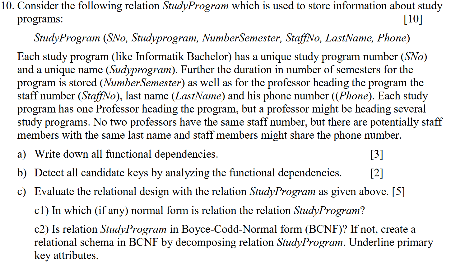 Solved 10. Consider the following relation StudyProgram | Chegg.com