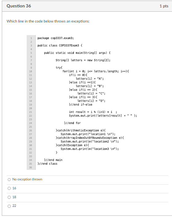 Solved Which line in the code below throws an exceptions: | Chegg.com
