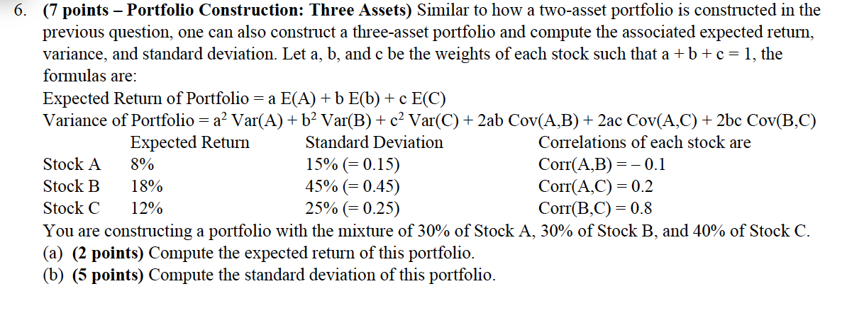 Solved (7 ﻿points - ﻿Portfolio Construction: Three Assets) | Chegg.com