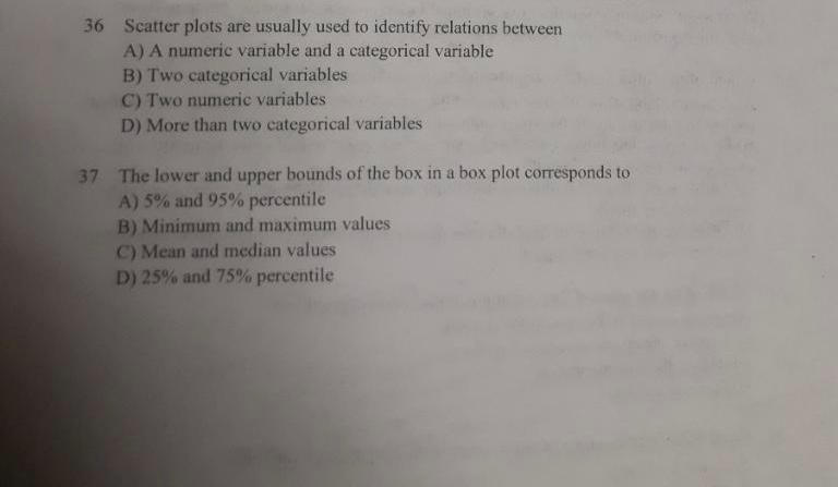 Solved 36 Scatter plots are usually used to identify | Chegg.com