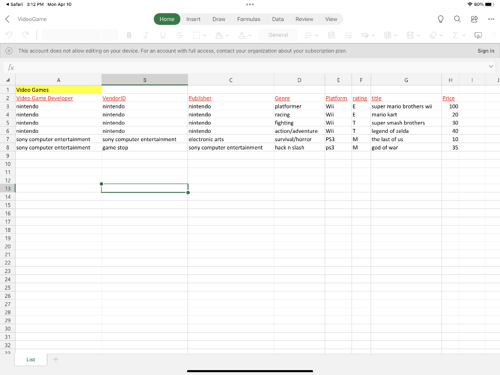 Solved II. Convert the VideoGame.xlsx "List" spreadsheet | Chegg.com